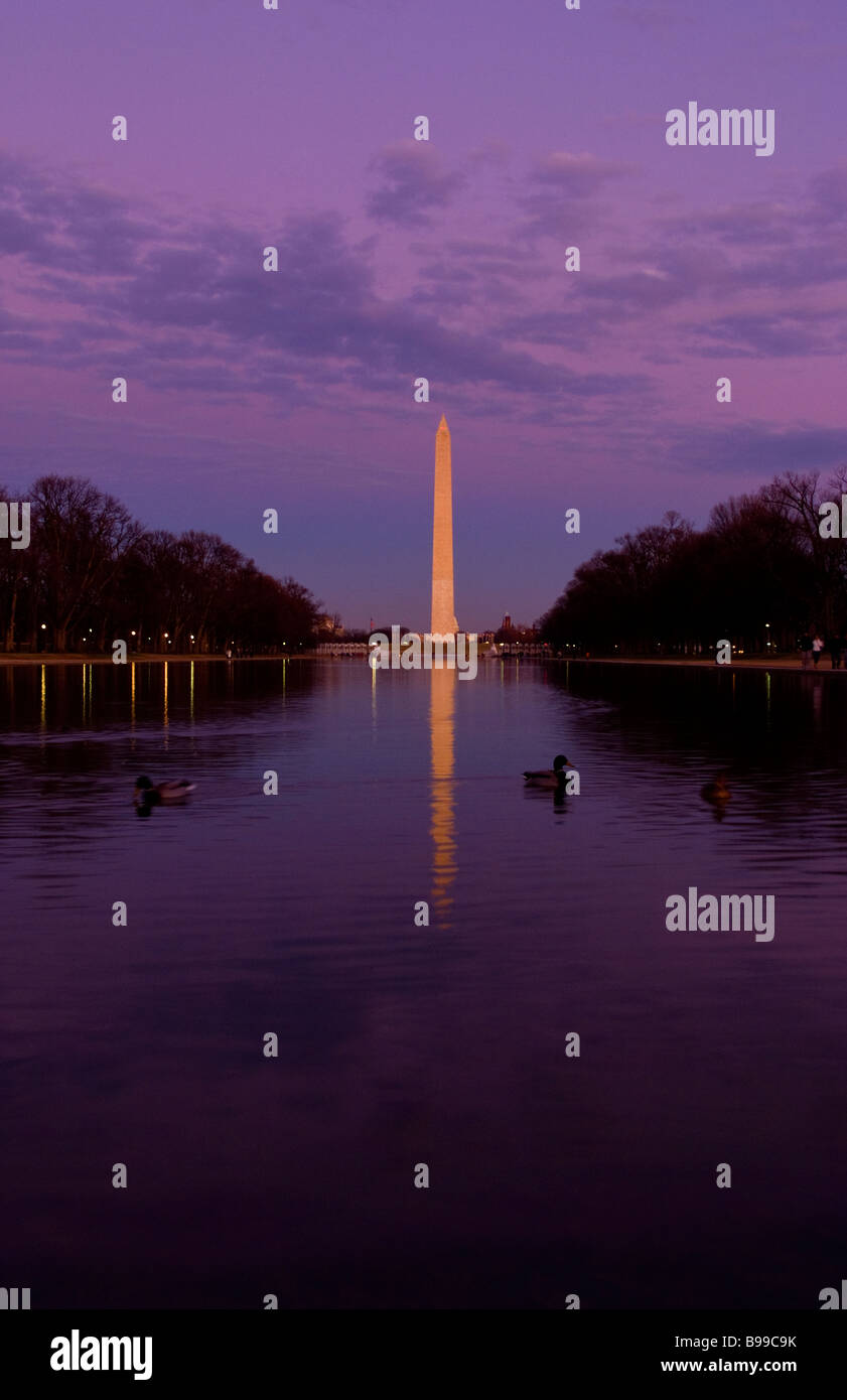 Beautiful tall tower of the Washington Monument and pond with capital ...