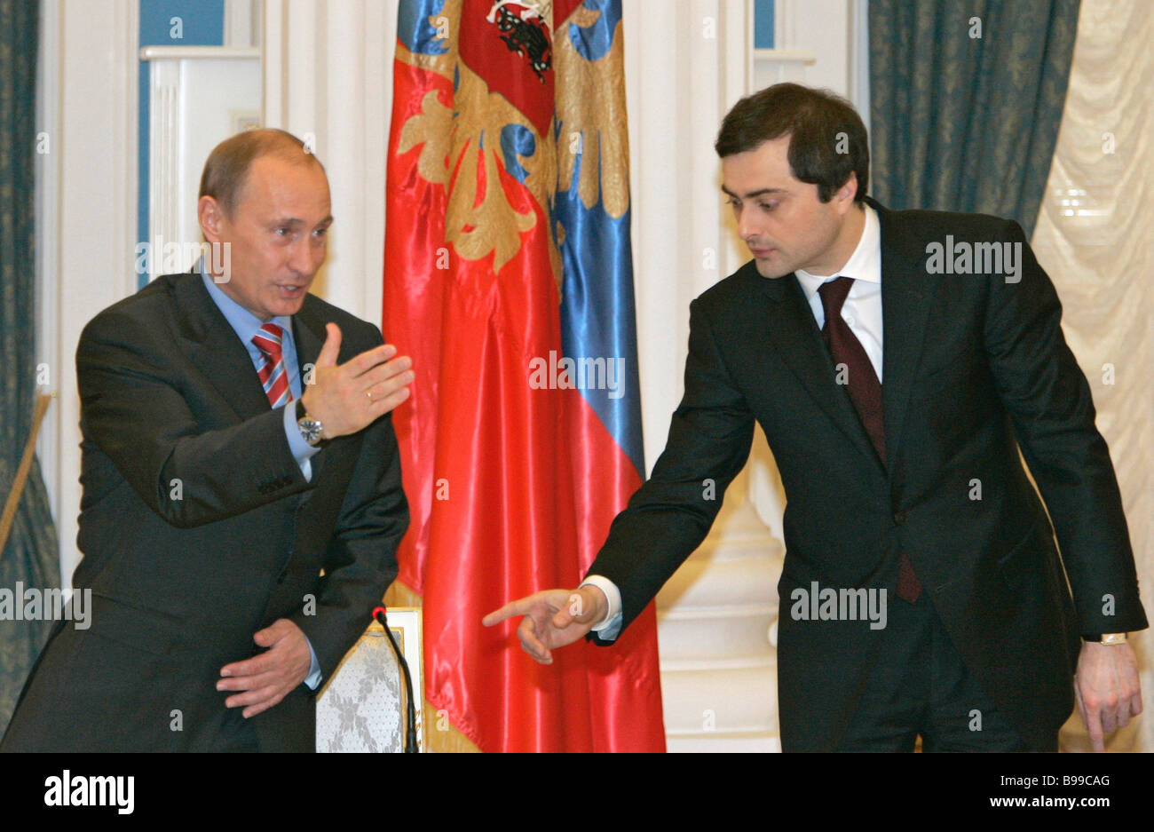 Russian President Vladimir Putin and his aide Vladislav Surkov from ...