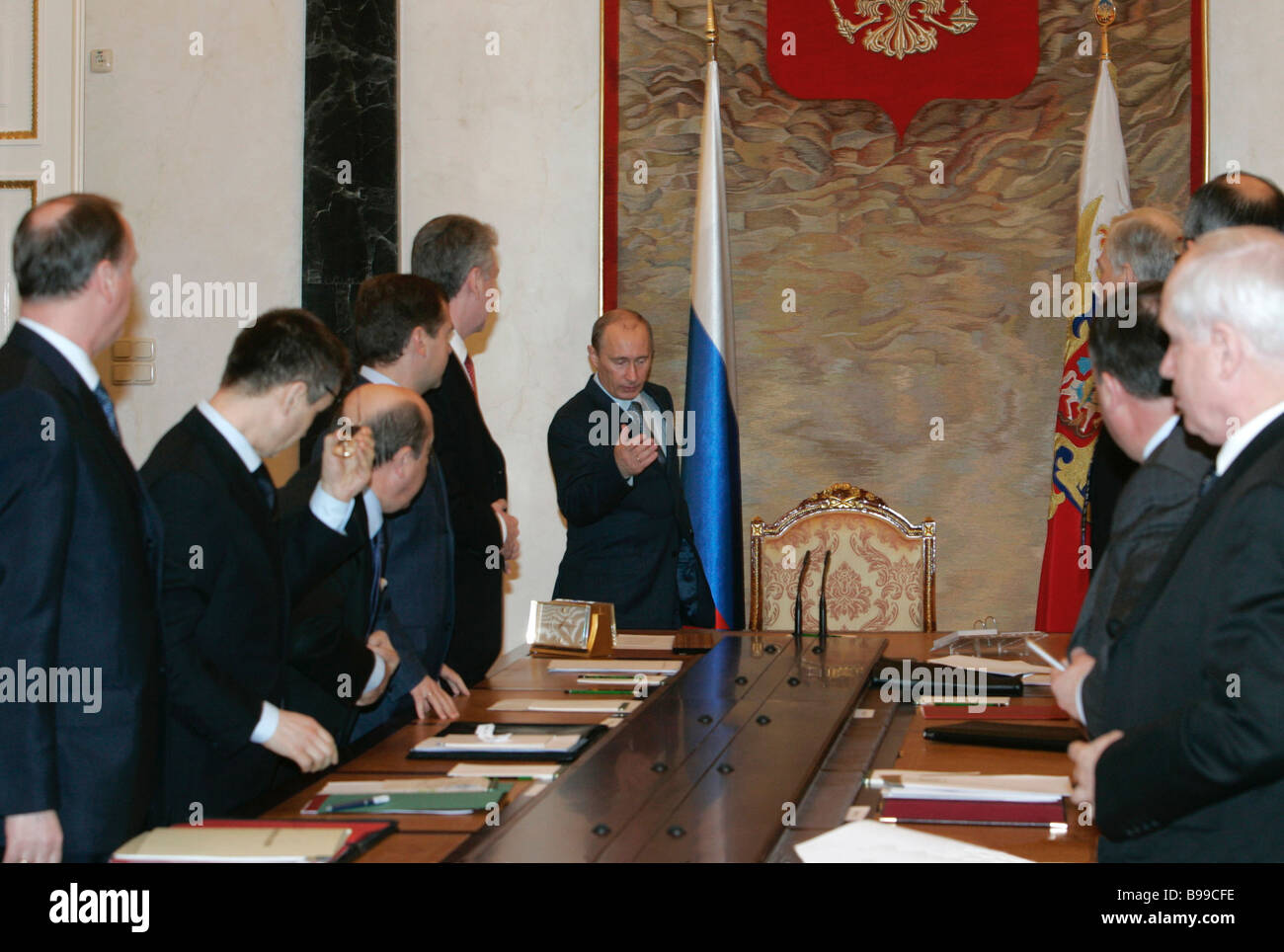 Russian President Vladimir Putin center before a meeting in the Kremlin ...