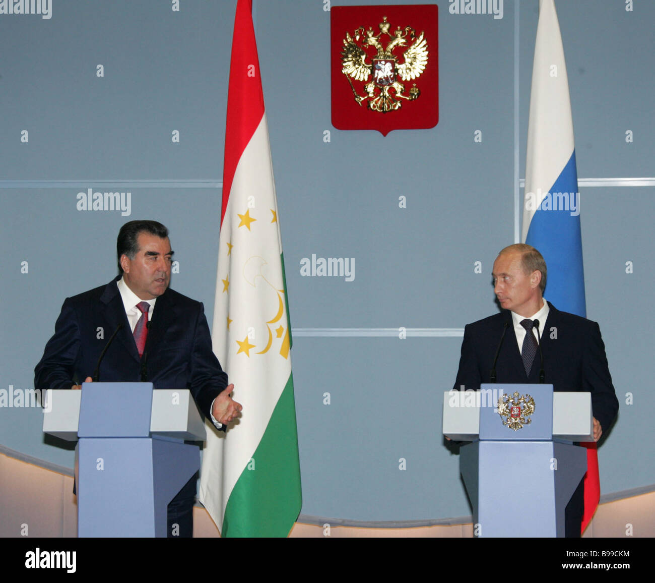 Left to right Presidents Emomali Rakhmonov of Tajikistan and Vladimir ...
