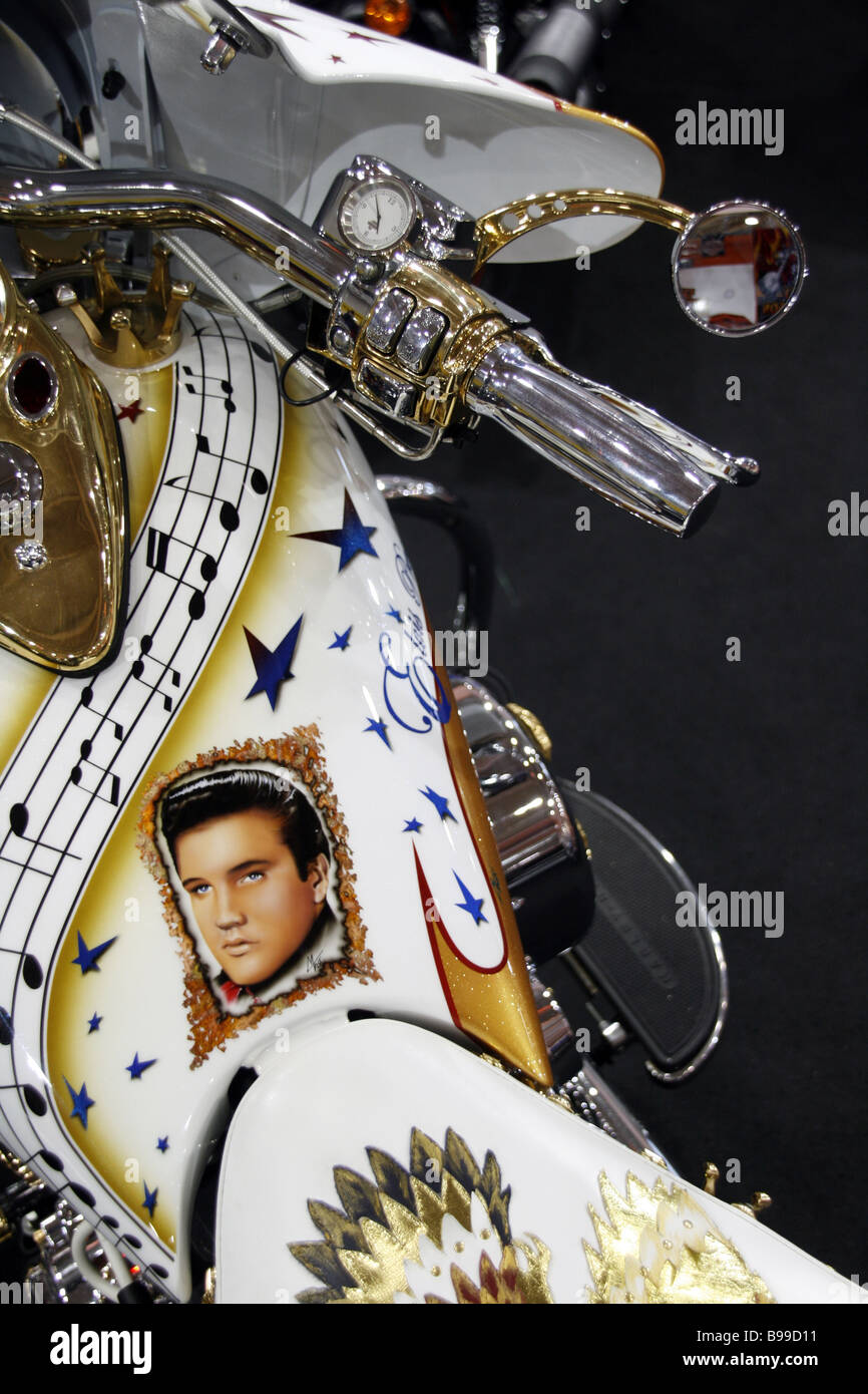 elvis presley customised harley davison type motorbike at motor show ...