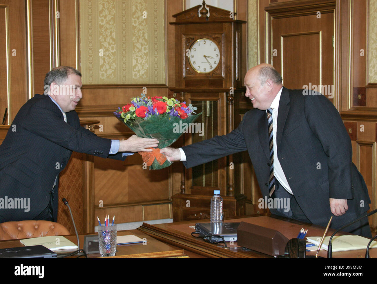 Birthday greetings Russia s Prime Minister Mikhail Fradkov right ...