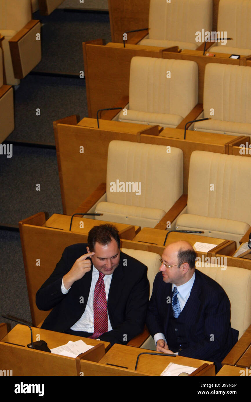 State Duma members Dmitry Rogozin left and Alexander Babakov after a ...