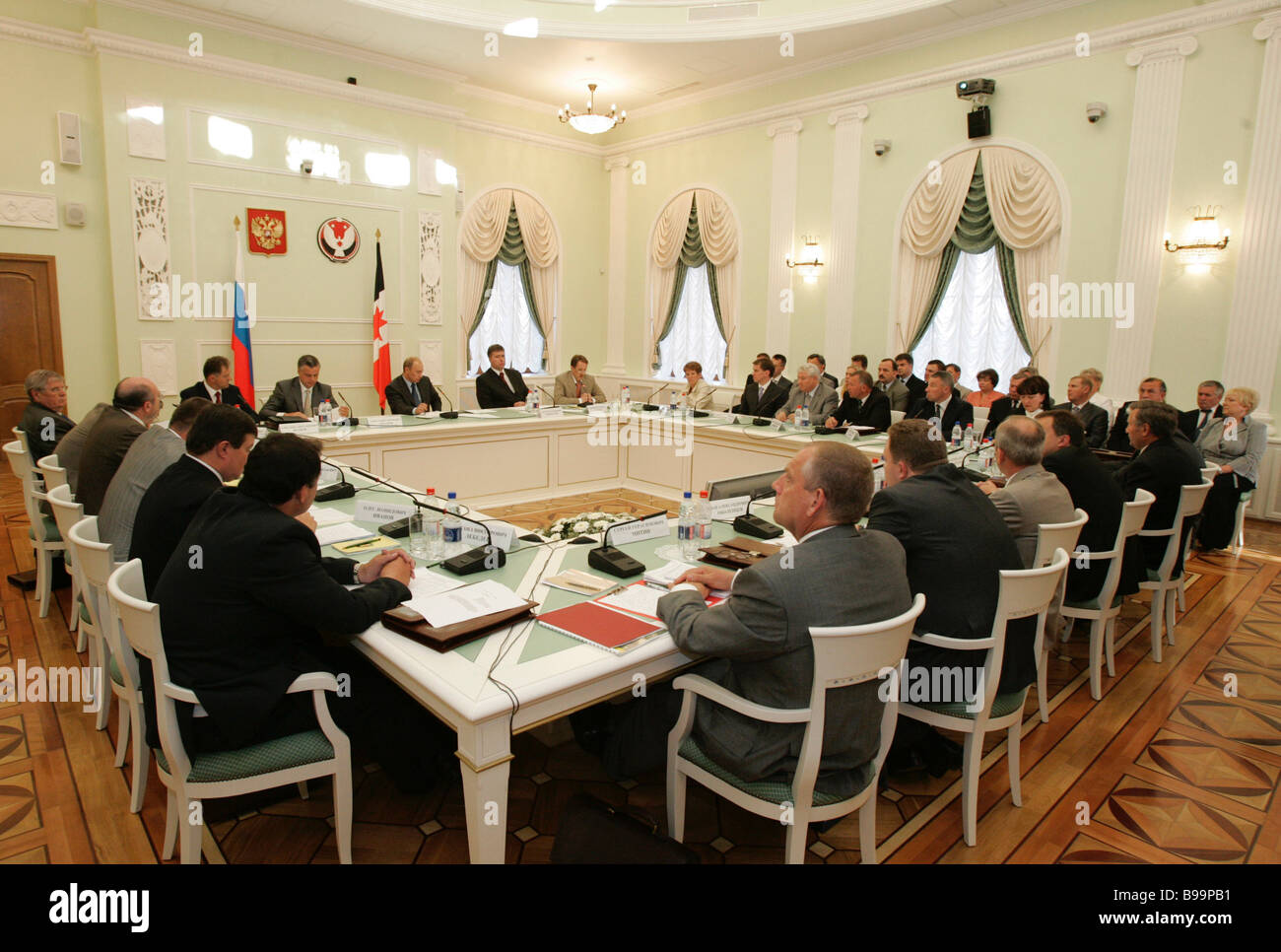 Vladimir Putin holding a conference at the administration of the Udmurt ...