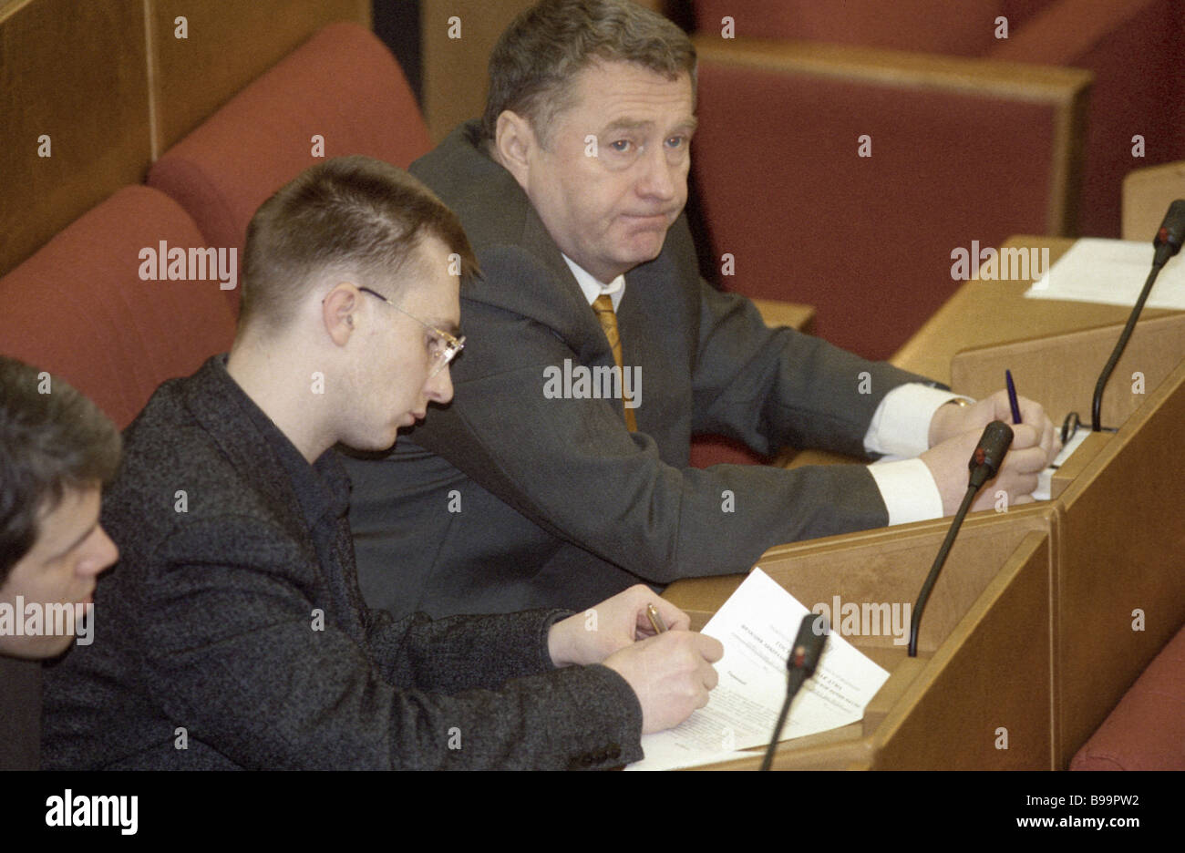 Father and son Deputy State Duma Speaker Vladimir Zhirinovsky right and ...