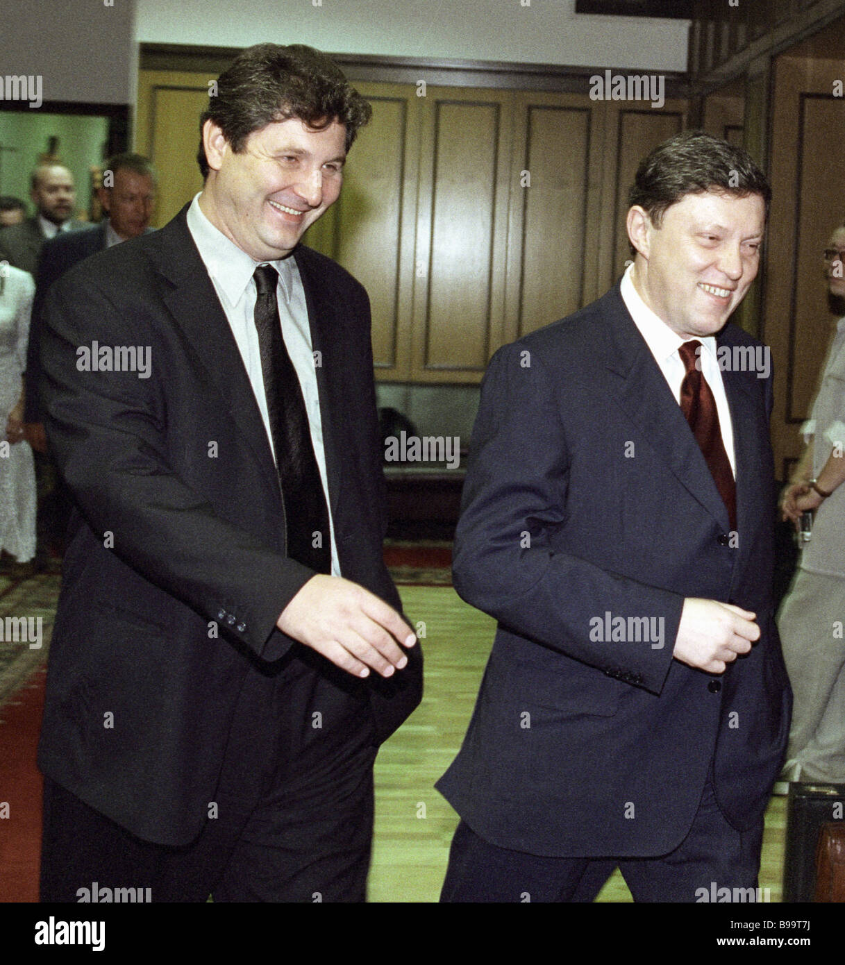 Leader of Yabloko political faction Grigory Yavlinsky right and his deputy Sergei Ivanenko left ...