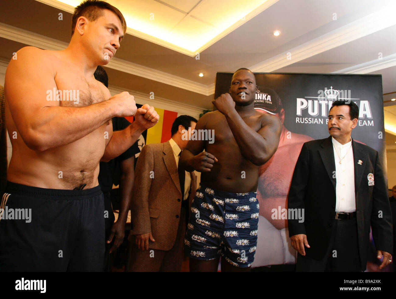 Oleg Maskayev world heavyweight champion in the WBC World Boxing Council version left and Peter ...
