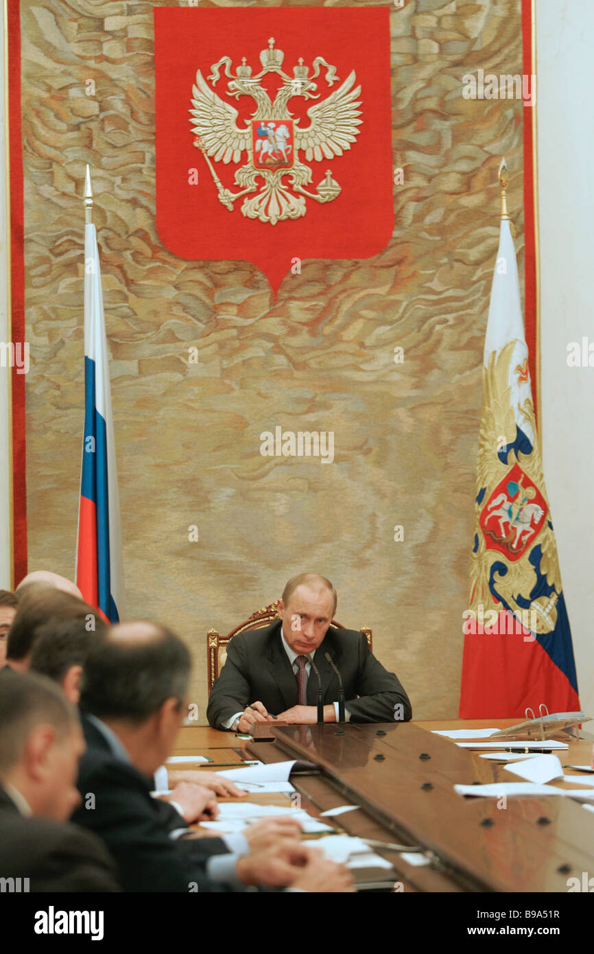Russian President Vladimir Putin center in a meeting with the Russian ...