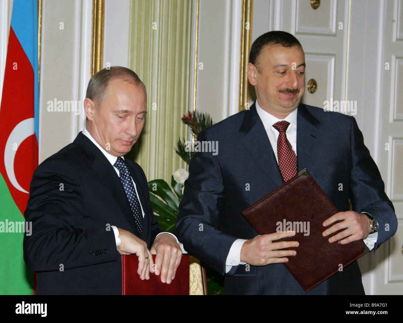 Presidents of Russia and Azerbaijan Vladimir Putin and Ilkham Aliev ...