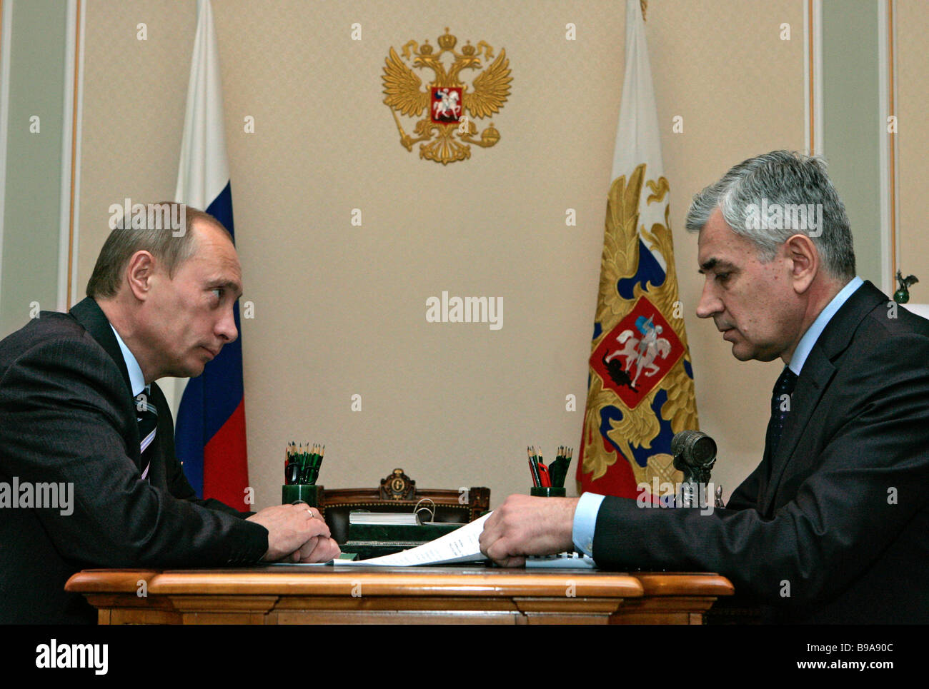 President Vladimir Putin and the Arkhangelsk Region Governor Nikolai Kiselev left to right ...