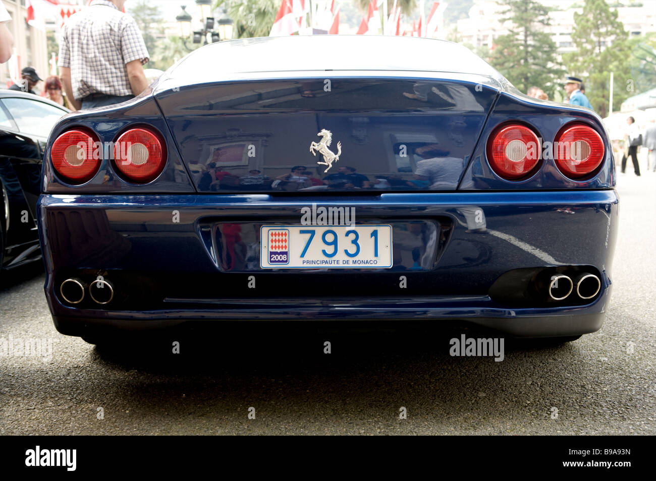 Blue Ferrari parked outside the Hotel du Paris, Monaco, Monte Carlo ...
