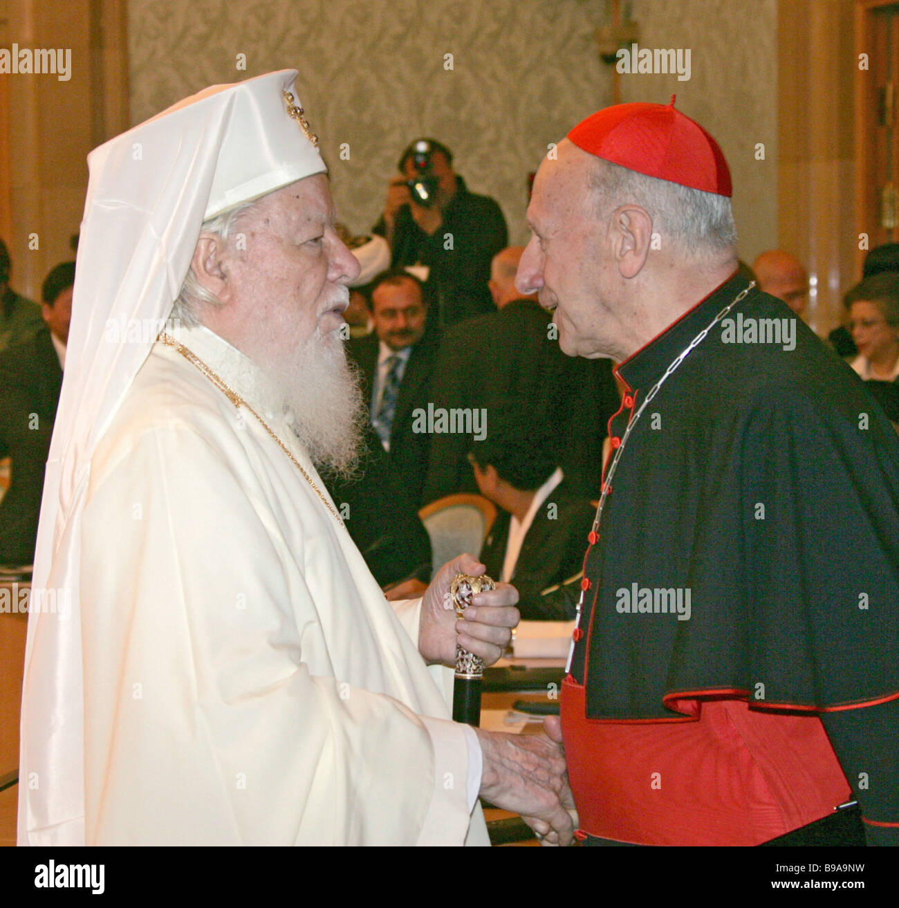 Patriarch Teoctist of Romania left and Cardinal Roger Echegeray ...