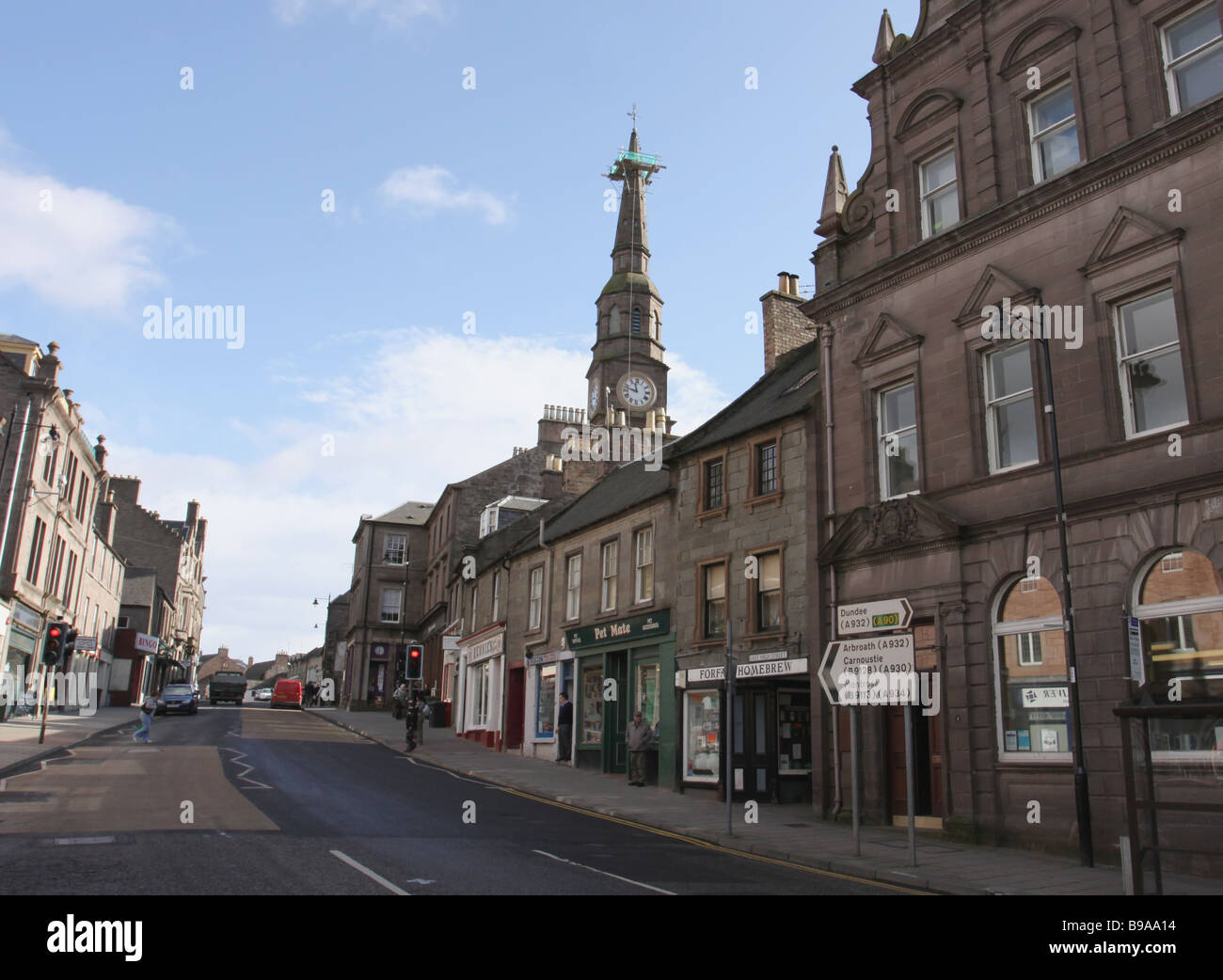 Forfar street scene with spire of East and Old Church Angus Scotland ...