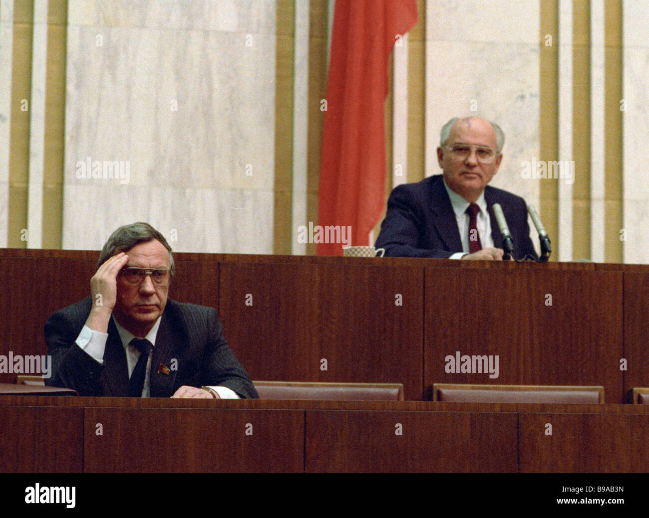 U S S R President Mikhail Gorbachev right and U S S R Vice President Gennady Yanayev left at the ...
