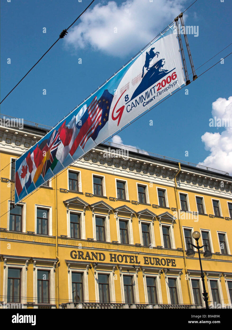 Banners holding G8 symbols decorate Nevsky Avenue St Petersburg s main ...