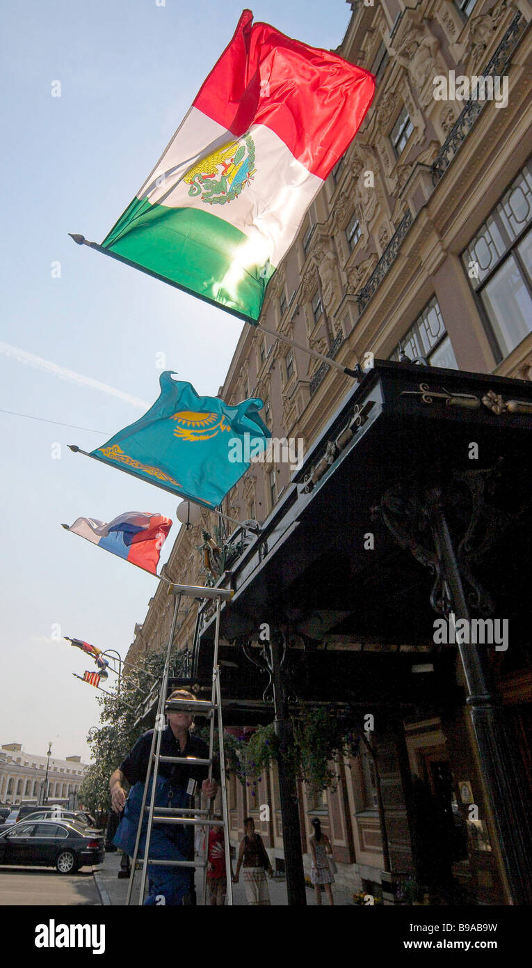The G8 flags at the Hotel Europa entrance in St Petersburg Stock Photo ...