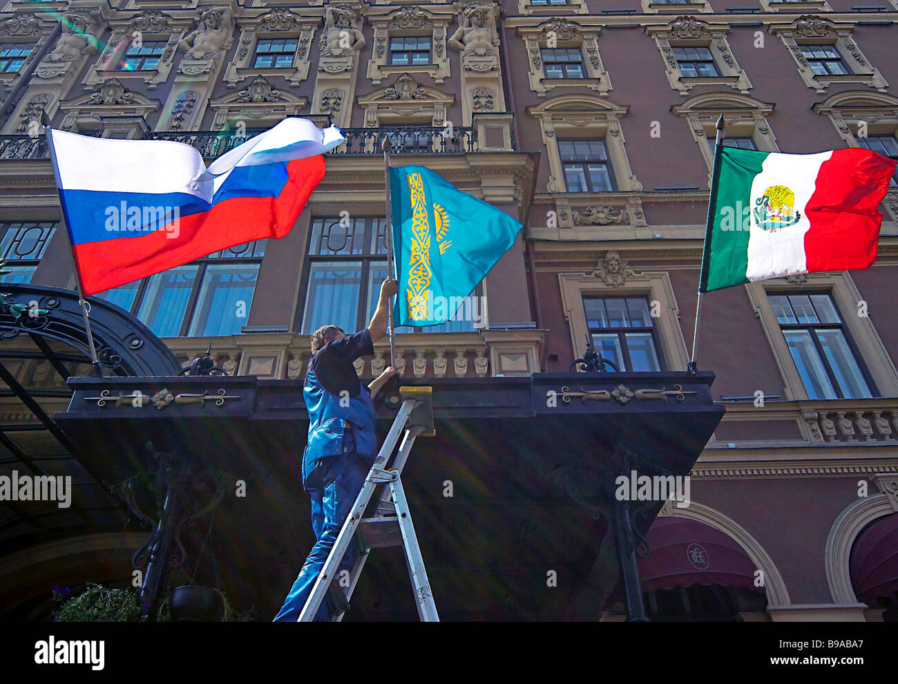 The G8 flags hoisted at the Hotel Europa entrance in St Petersburg ...