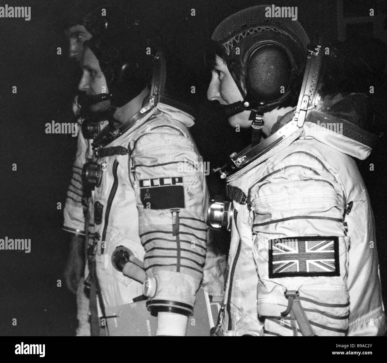 Soviet British space crew from left to right Soviet space pilot and ...