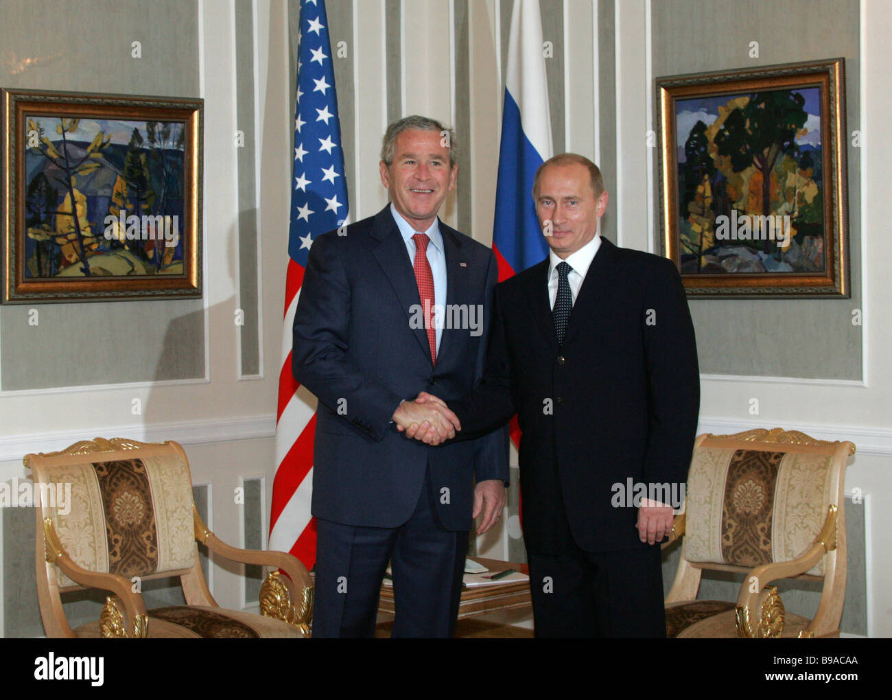 Presidents Vladimir Putin of Russia and George Bush of the U S from ...