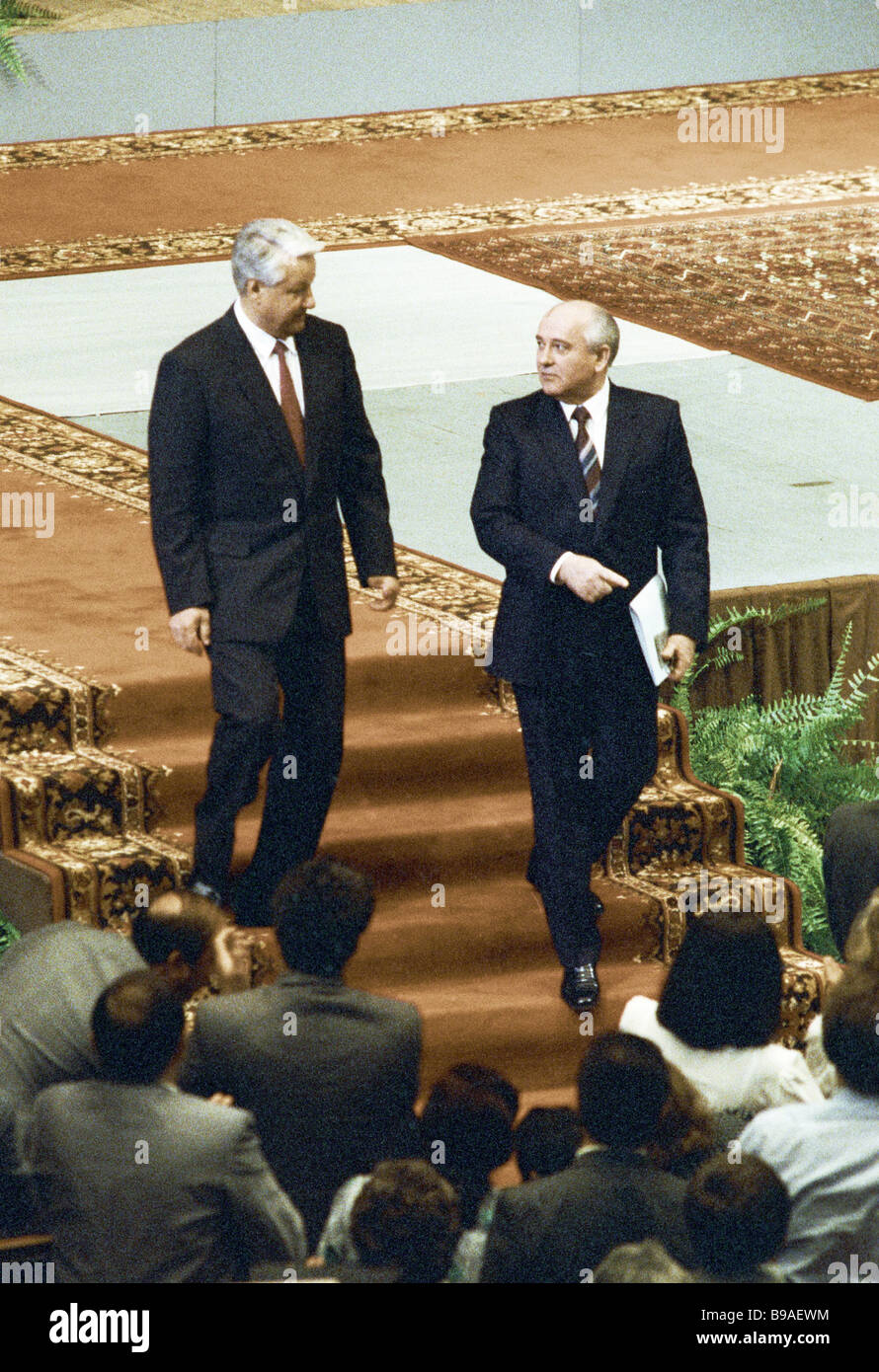U S S R President Mikhail Gorbachev right congratulating Boris Yeltsin ...