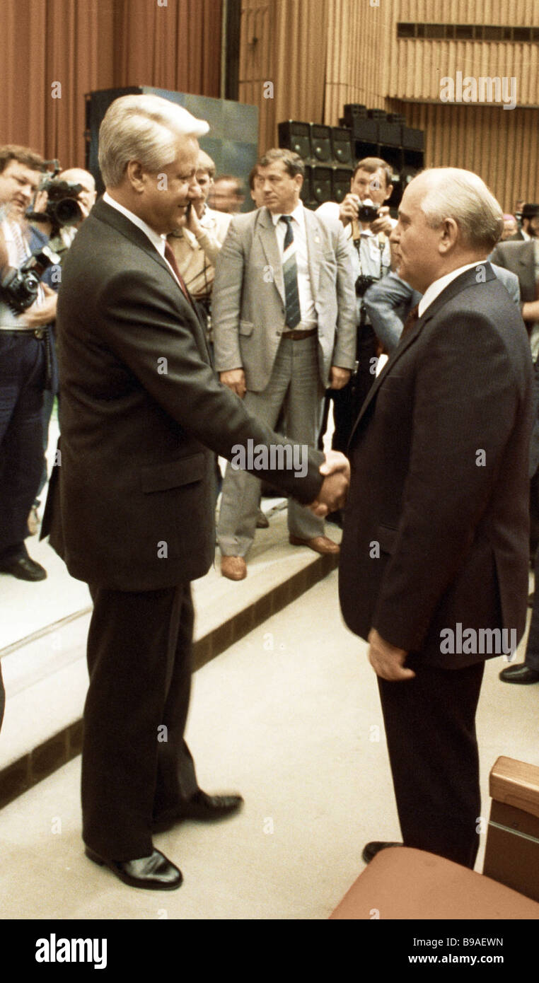 U S S R President Mikhail Gorbachev right congratulating Boris Yeltsin ...