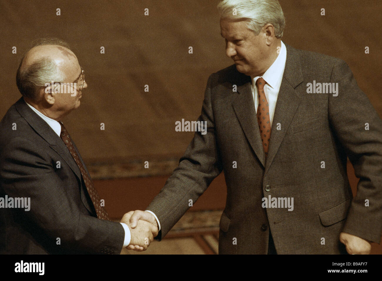 Mikhail Gorbachev left and Boris Yeltsin right attend extraordinary ...