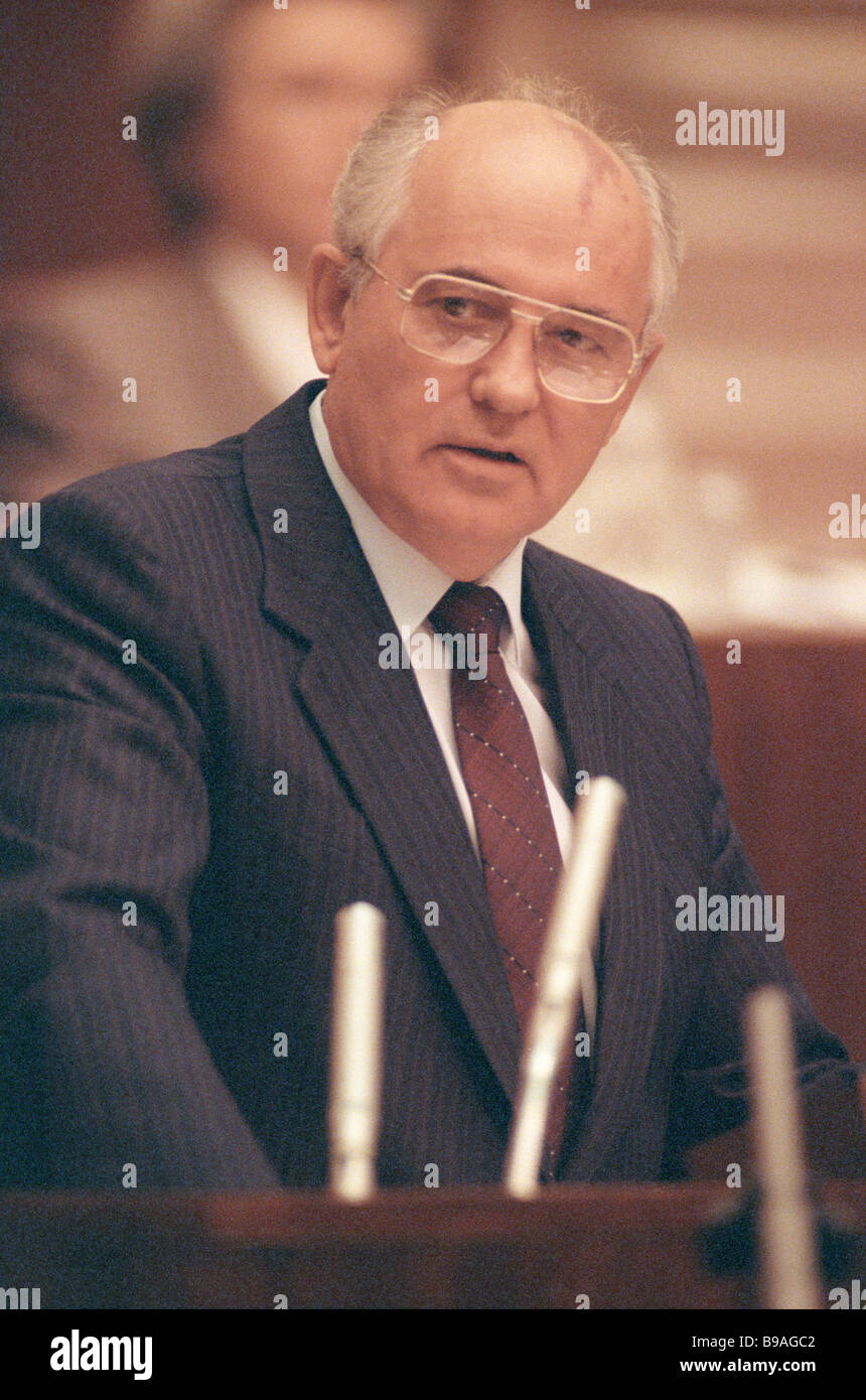 President of the U S S R Mikhail Gorbachev speaking at the 5th ...