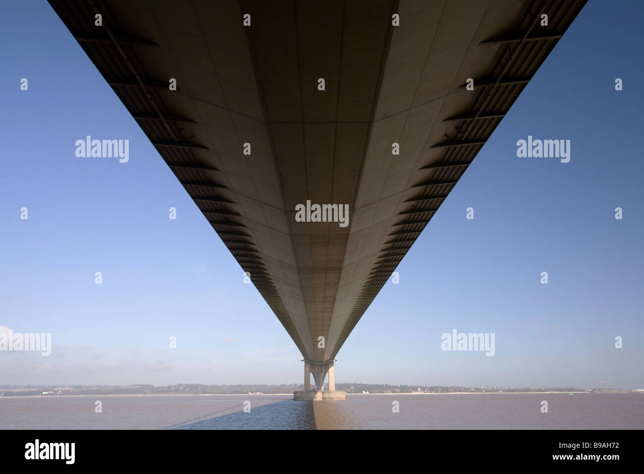 Low view of Humber Bridge from directly beneath which crosses the river ...