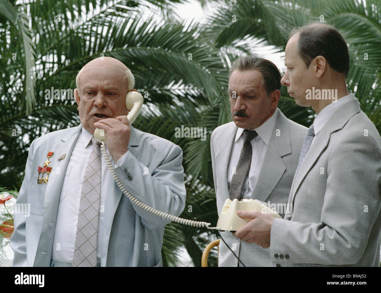 Actor Rolan Bykov on the right as Nikita Khrushchev and actor Lev Durov ...