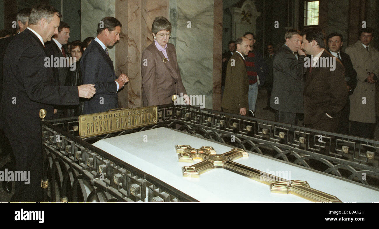 Prince Charles fourth from left next to the tomb of the Romanov dynasty ...