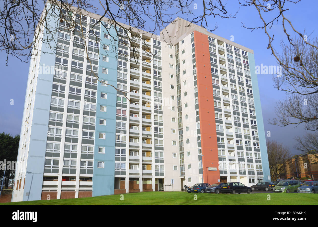 A newly painted 1960`s estate of flats blue sky, Redcliffe Bristol ...