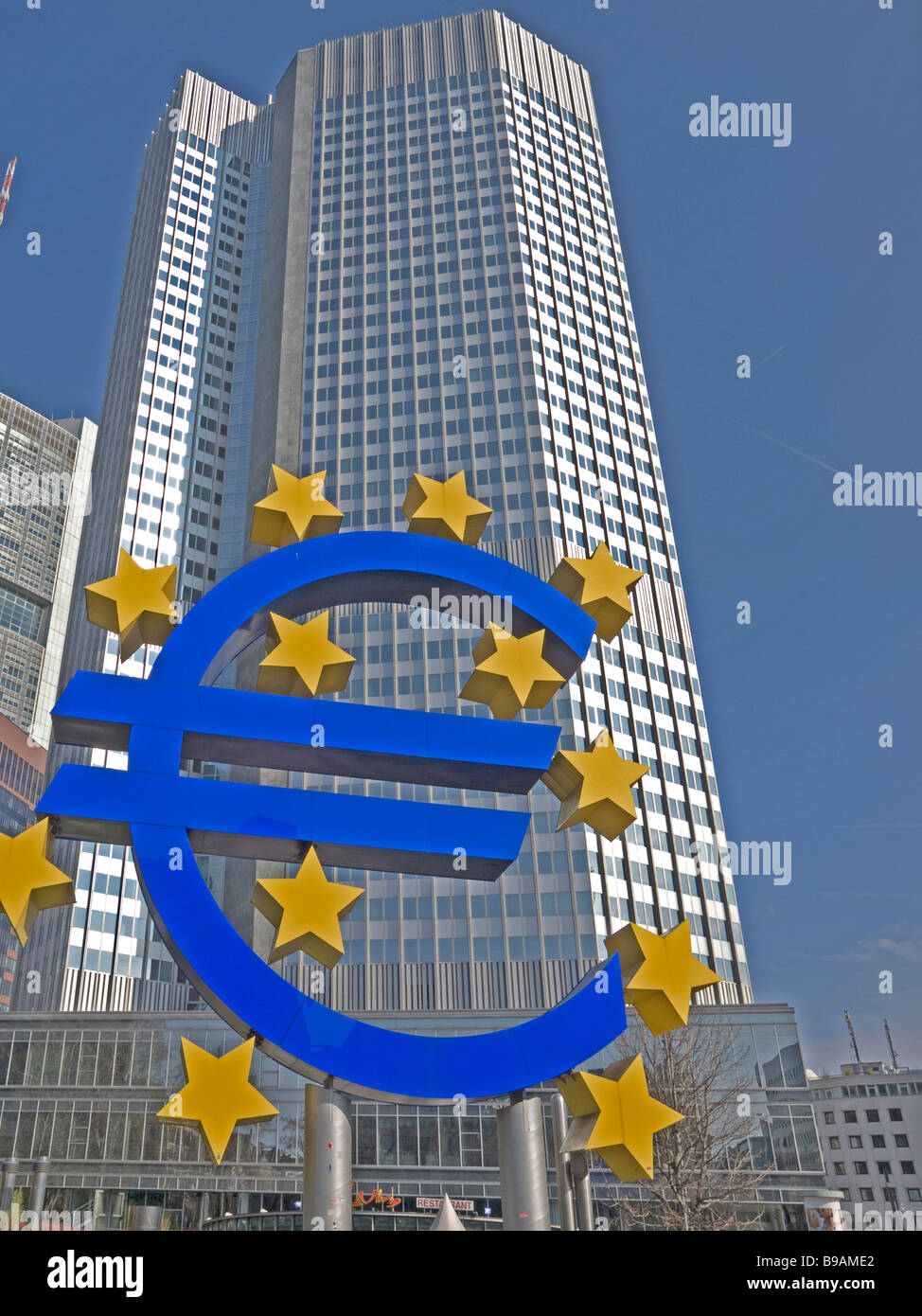 sign for Euro in front of ECB European Central Bank storefront of bank ...