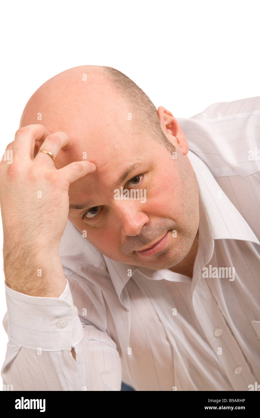 closeup portrait of the bald headed man on a white background Stock ...