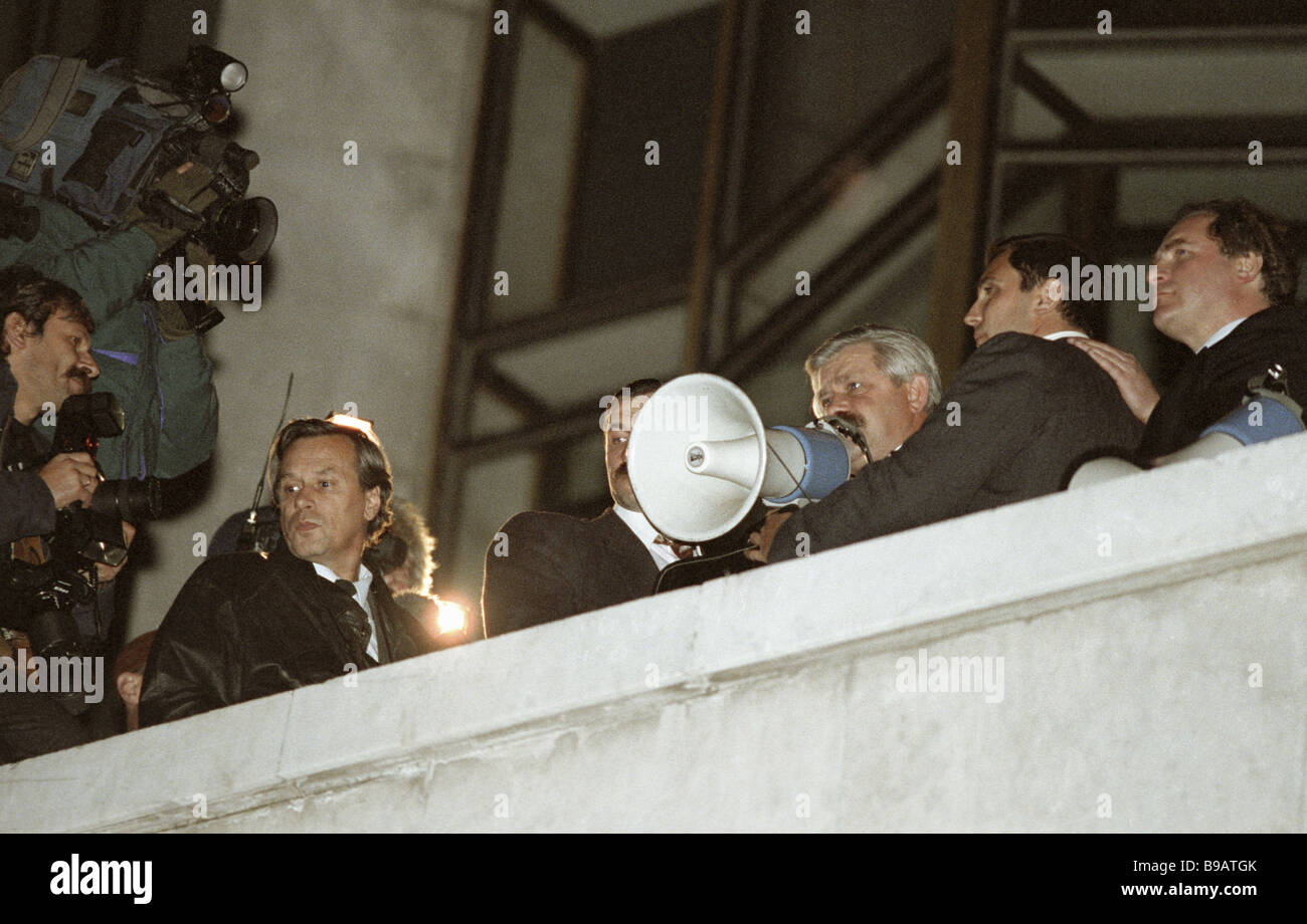 Alexander Rutskoi third right speaking from a House of Soviets balcony ...