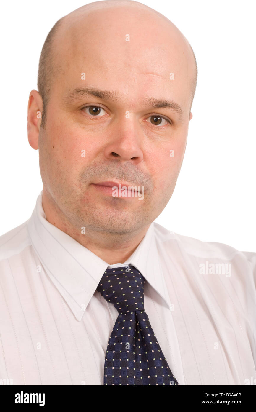 closeup portrait of the bald headed man on a white background Stock ...