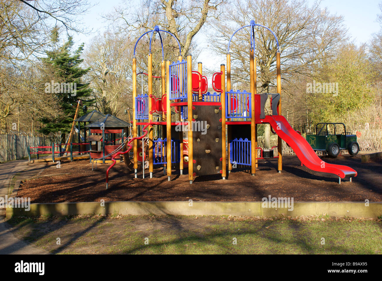 View of empty innovative colourful modern children's playground in ... View of empty innovative colourful modern children's playground in ...