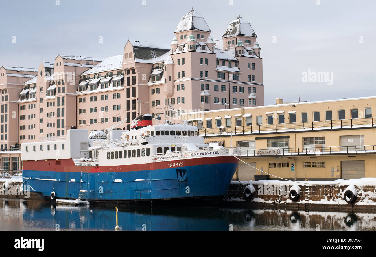 MS Innvik, the "theatre boat", in front of Havnelageret in the port of ...