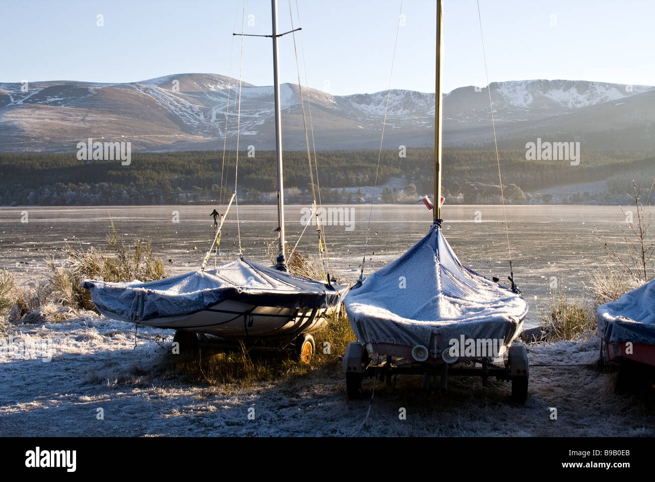 Sailboats next to icy Loch Morlich on a winters day in the Cairngorm ...