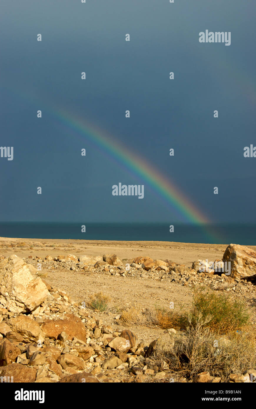 Rare rainbow over Dead Sea beside Highway 90 south to resort town of ...