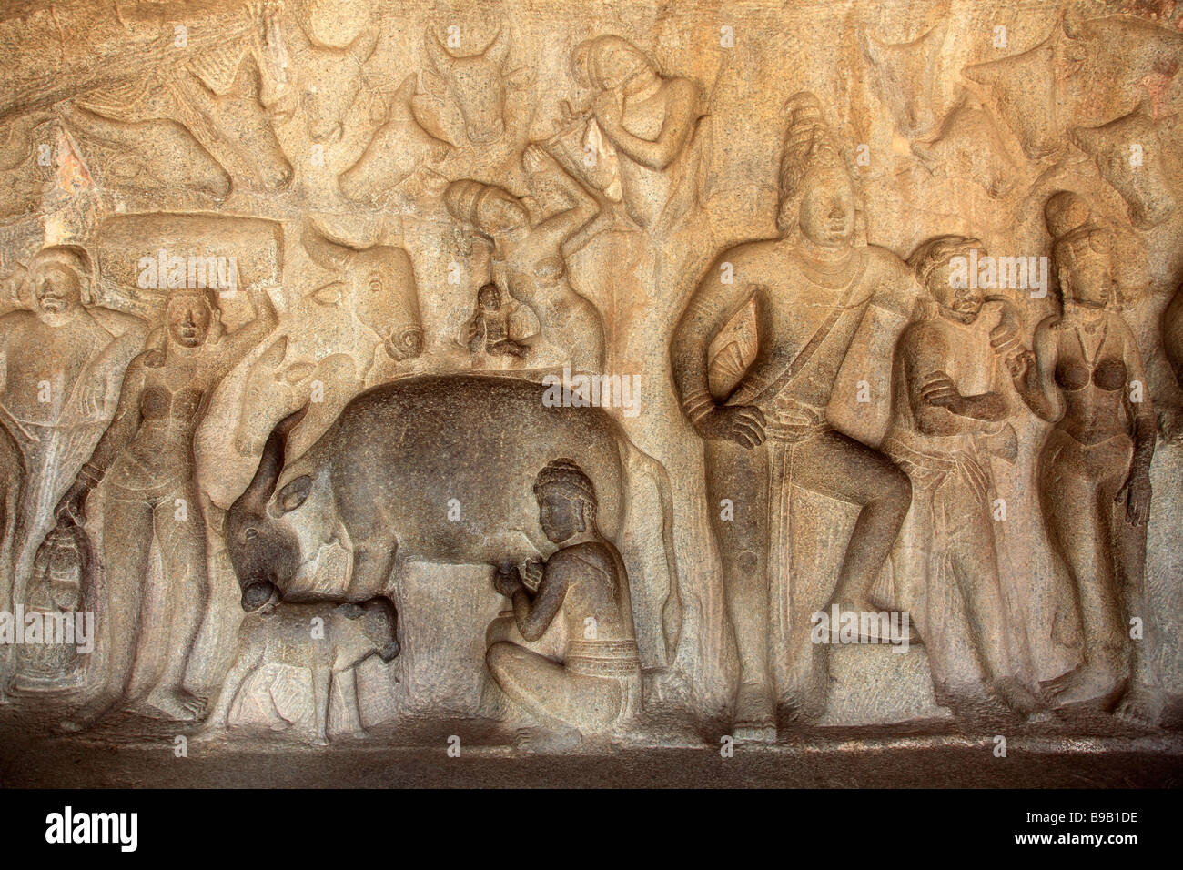 India Tamil Nadu Mamallapuram Mahabalipuram Krishna Mandapam temple ...