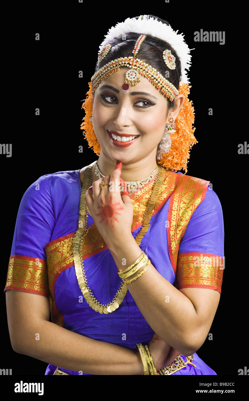South Indian female dancer performing Bharatnatyam the classical dance ...
