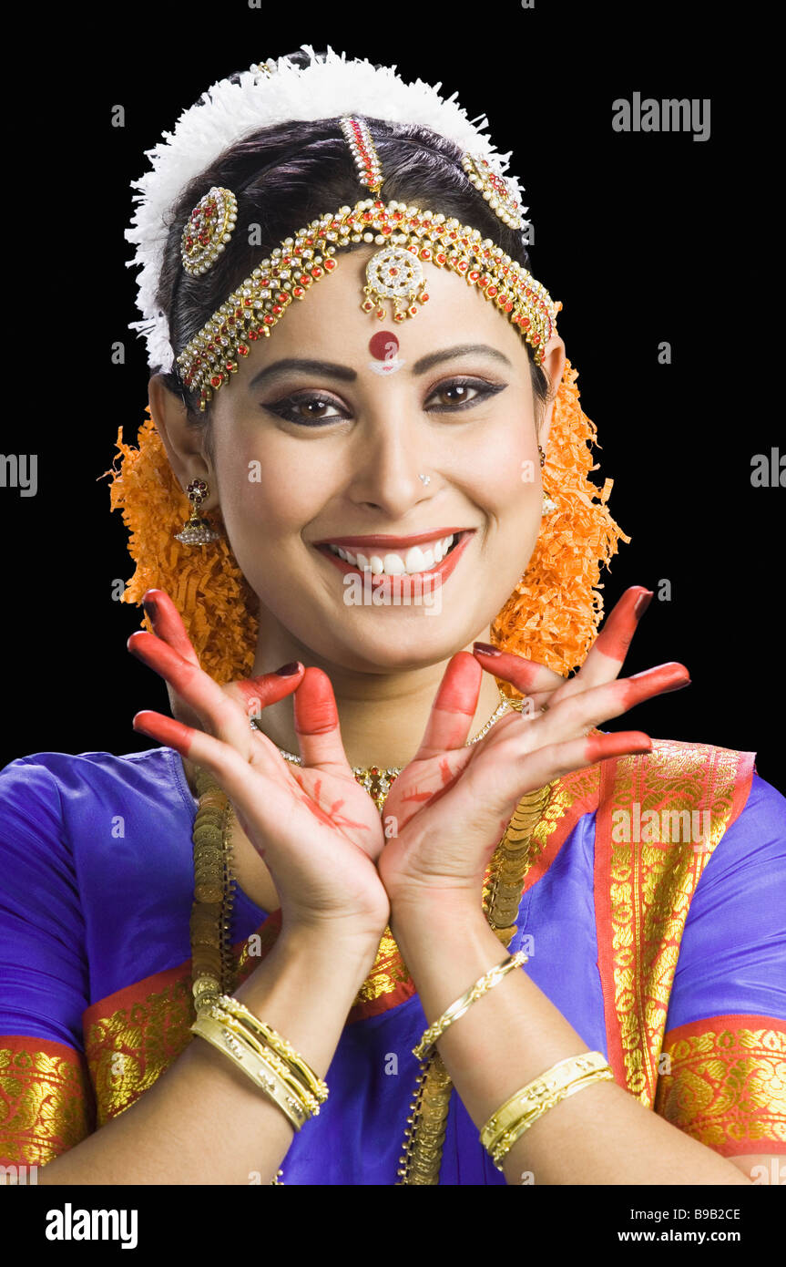 South Indian female dancer performing Bharatnatyam the classical dance ...