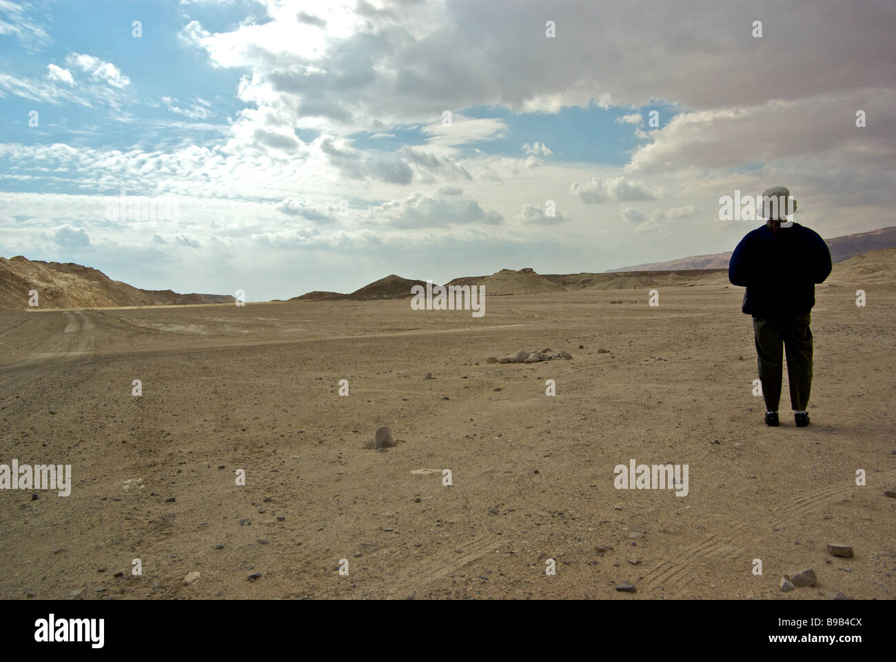 Woman looking over on the barren desolate Judean Desert a former ocean ...