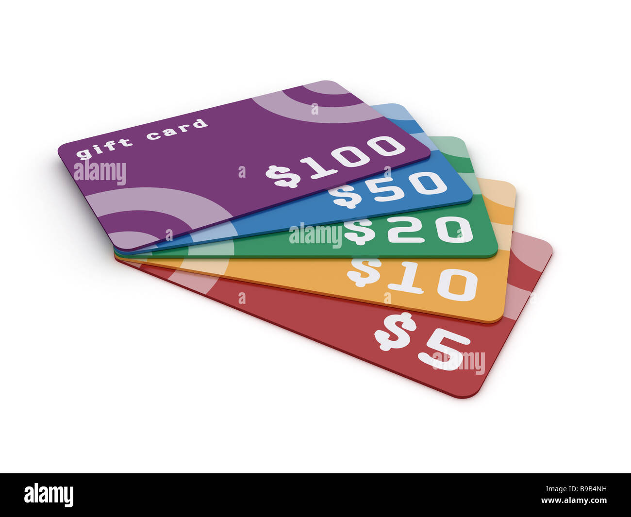 Colorful simply designed gift cards of the different value Isolated on ...