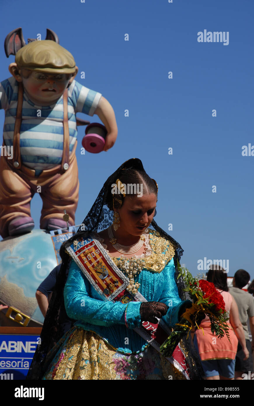 Fallera in traditional dress, Las Fallas Fiesta, Dia de San Jose, Denia ...
