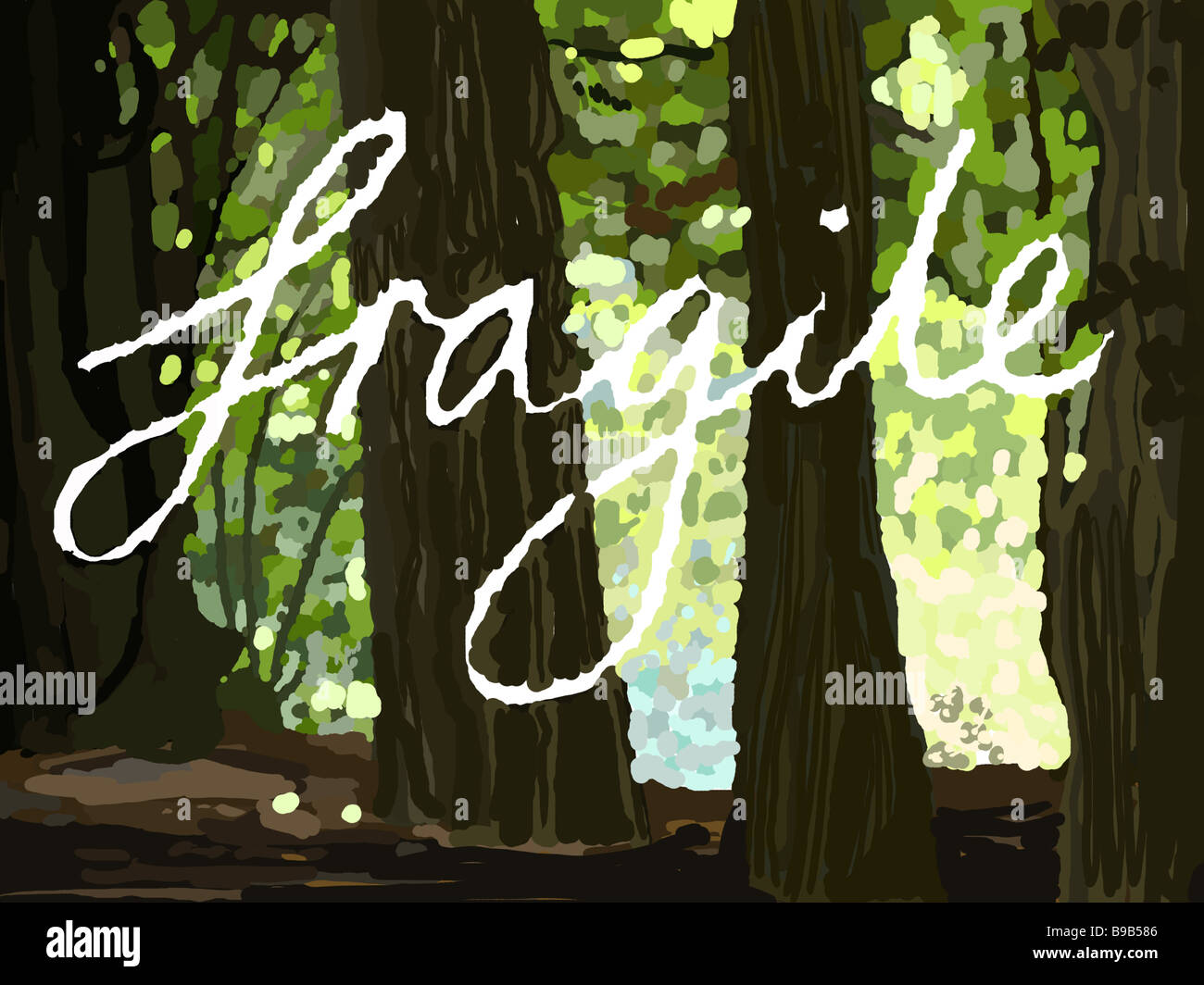 Illustration of a forest with the word fragile inscribed over the image ...