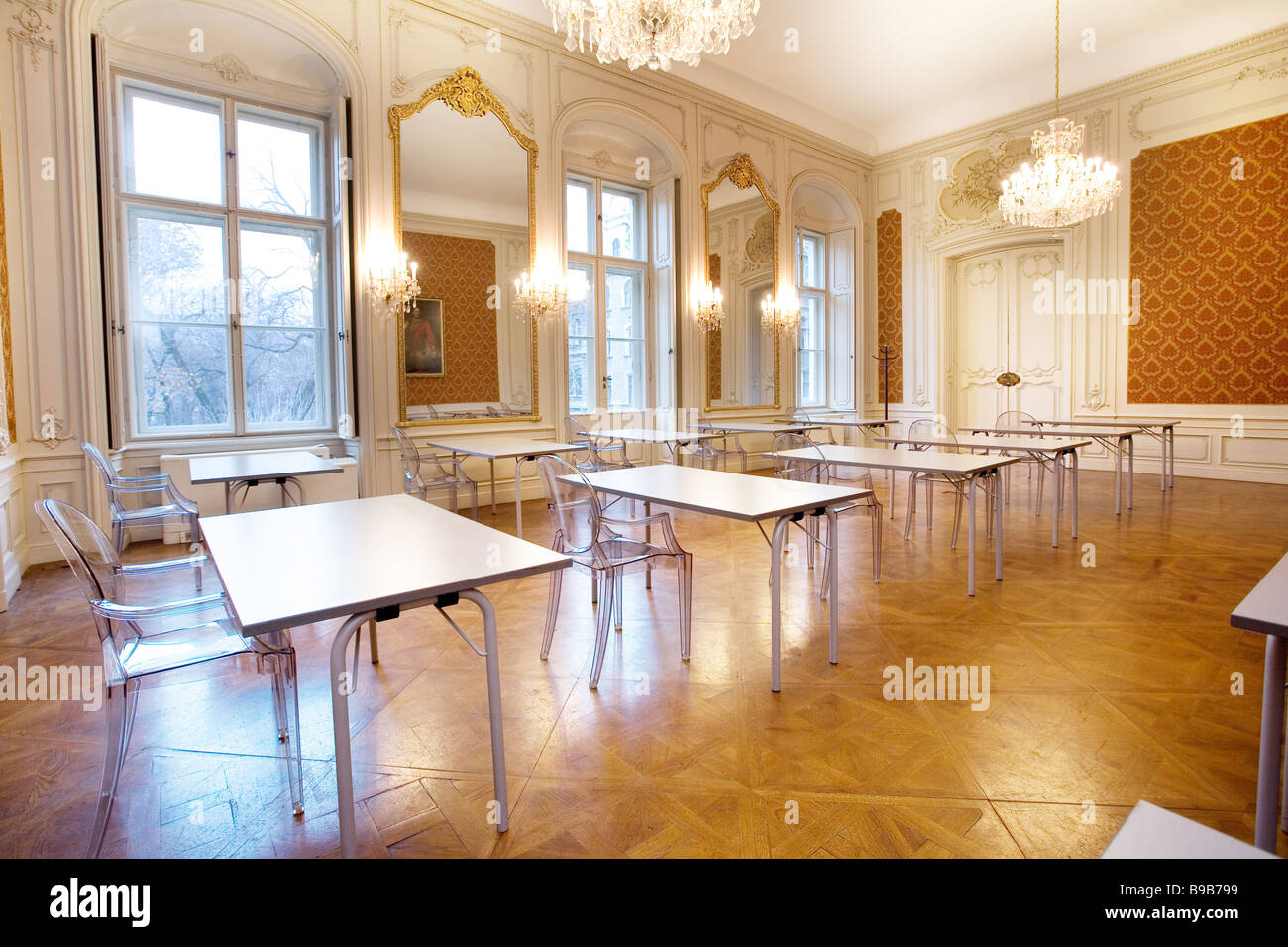 empty classroom in the castle with glass seats Stock Photo - Alamy