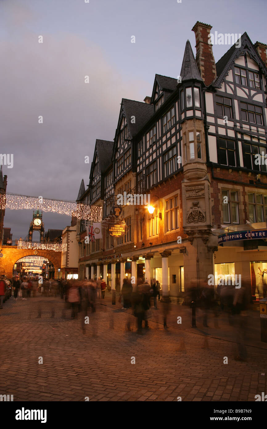 City of Chester, England. Night view of the five star Chester Grosvenor ...