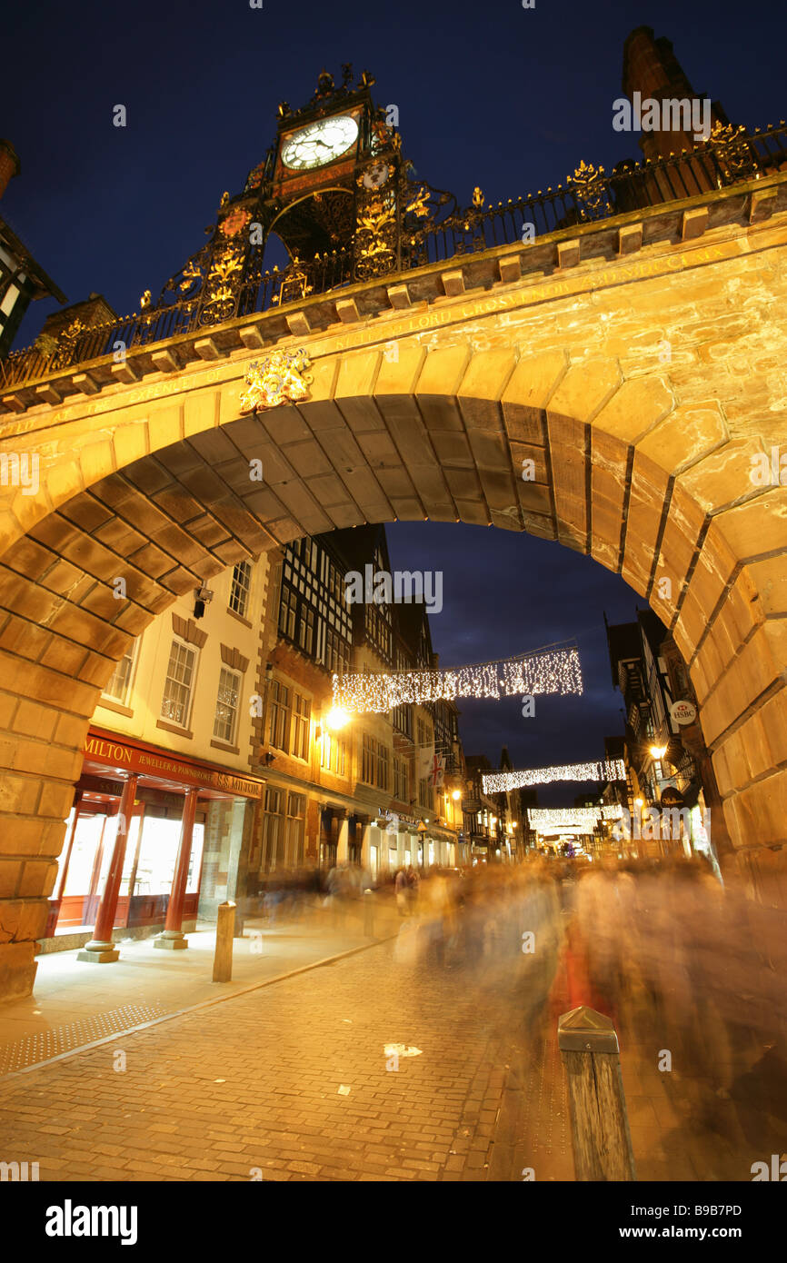 City of Chester, England. Night view of the Eastgate and Eastgate Clock ...