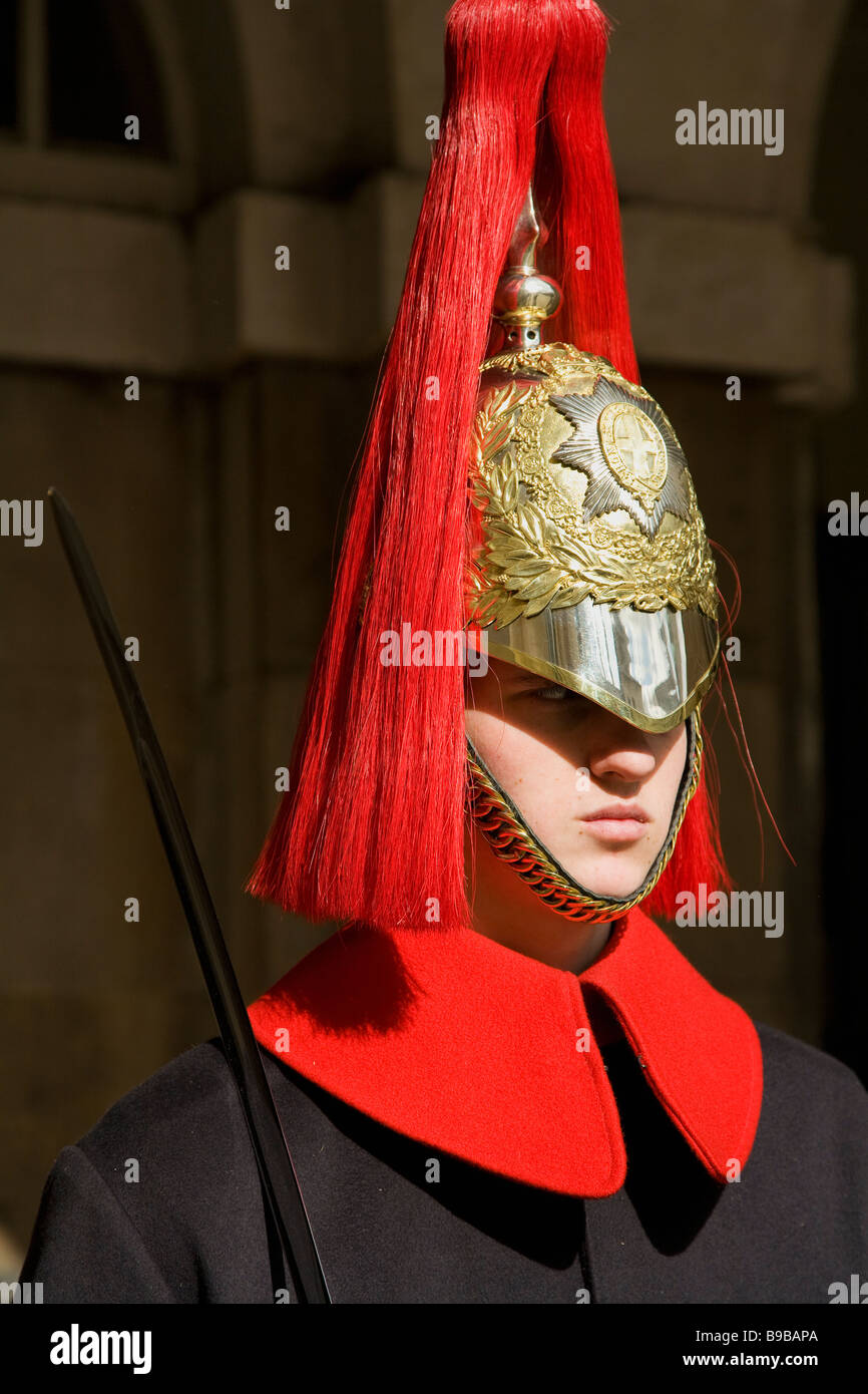 Horseguard of Blues and Royals on guard duty at entrance to Horseguards ...